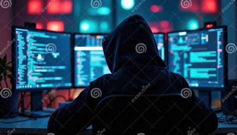 Hacker In Dark Room With Multiple Screens And Coding Interface Stock Image Image Of Threat