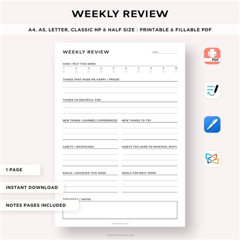 Weekly Review Printable Weekly Reflection Weekly Evaluation Weekly Summary Printable Insert