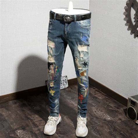 남성용 홀 패치 슬림 스키니 진 바케로 옴브레 진 라이트 블루 워싱 스티커 힙합 바지 고품질 브랜드청바지