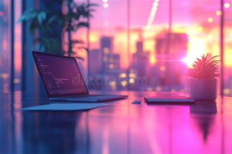 Modern Office Desk With An Open Laptop Displaying Source Code Illuminated By The Vibrant Hues