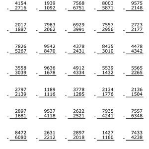 Digit Subtraction Worksheets Digit Minus Digit Subtraction Column Subtraction With