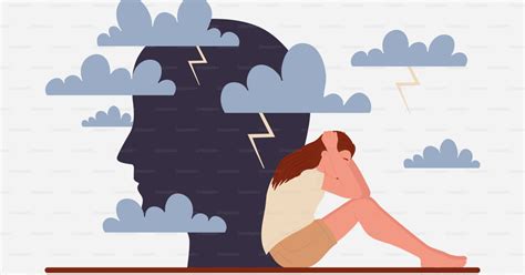 슬픈 화가 난 젊은 여자는 불안 감정 벡터 삽화의 비구름 아래 앉아 있다 고민에 대해 생각하는 만화 외로운 소녀 정신 건강