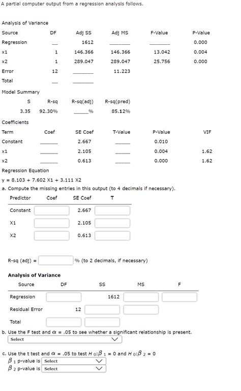 solved a partial computer output from a regression analysis