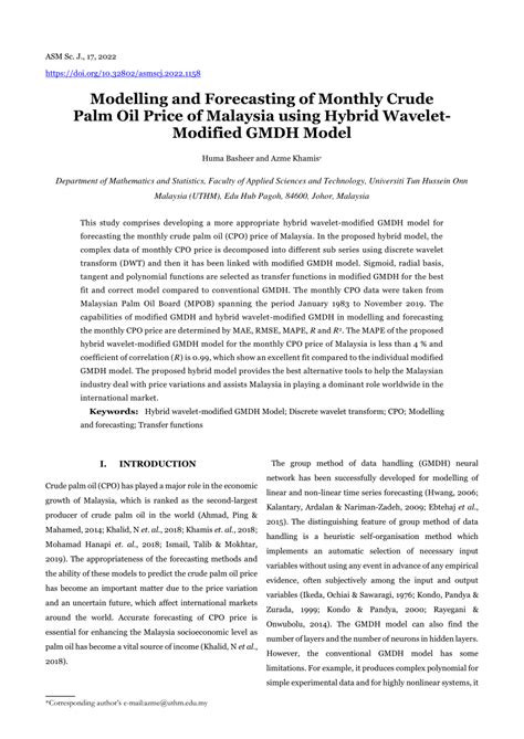Pdf Modelling And Forecasting Of Monthly Crude Palm Oil Price Of