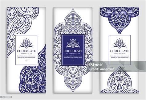 초콜릿 바의 흰색과 파란색 빈티지 포장 디자인 장식 요소와 벡터 고급 템플릿입니다 배경 및 배경 화면으로 사용할 수 있습니다 음식 및 음료 패키지 유형에 적합합니다 0명에