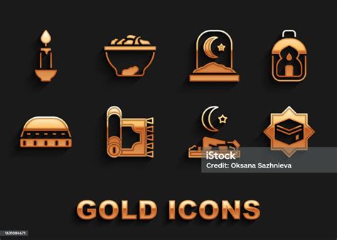 전통 카펫 라마단 카림 랜턴 카바 모스크 무슬림 남자가 기도하고 기도를 위한 모자 묘지 불타는 촛불 대추 과일 그릇 아이콘을