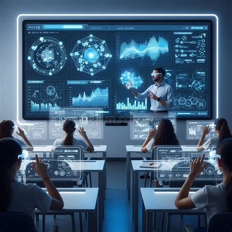 Futuristic Classroom With Interactive Holographic Displays And Data Visualization Stock