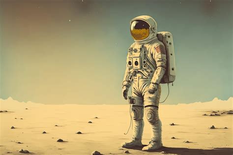 우주 비행사는 화성 표면의 황량한 행성에 서 있습니다 프리미엄 사진