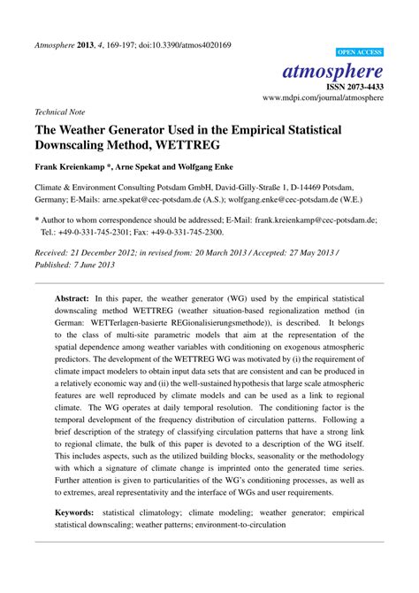 Pdf The Weather Generator Used In The Empirical Statistical Downscaling Method Wettreg
