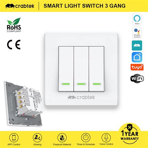 Crabtek Smart WiFi Push Button Automated Smart Light Switch 1 2 3 Gang Works With Voice Control