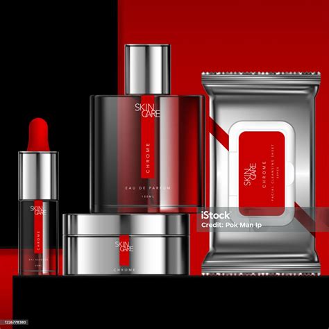 벡터 남성 스킨 케어 미용 또는 세면도구 크롬 포장 드롭퍼 병 향수 병 항아리 및 조직 또는 마스크 또는 샤워 시트 패킷 세안제에 대한 스톡 벡터 아트 및 기타 이미지