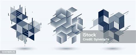 스트라이프 삼각형과 3d 큐브 벡터 디자인 세트와 추상 다각형 배경 다른 광고 또는 표지 또는 배너용 템플릿입니다 복고풍 스타일의 그래픽 요소입니다 3차원 형태에 대한 스톡