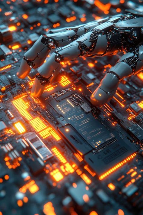 A Robotic Hand Holds Onto A Computer Motherboard Showcasing Technological Innovation Stock