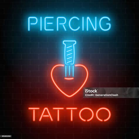 문신과 피어 싱 응접실 빛나는 네온 간판 엠 블 럼 칼 하트 로고입니다 문신에 대한 스톡 벡터 아트 및 기타 이미지 문신