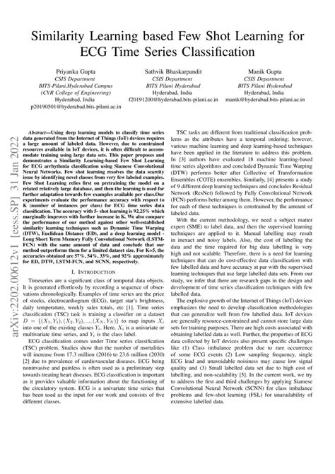 Similarity Learning Based Few Shot Learning For Ecg Time Series Classification Deepai