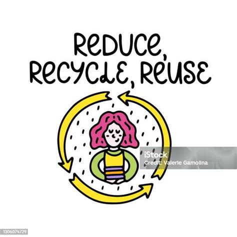 감소 재활용 재사용 여성과 손 글자를 가진 벡터 낙서 제로 폐기물 재활용 카드 엽서 배너 포스터 스티커 및 소셜 미디어를 위한