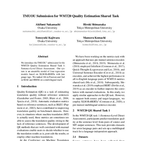 Tmuou Submission For Wmt20 Quality Estimation Shared Task Acl Anthology