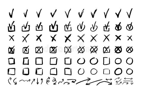 Check Marks Doodle Black Line Element Set Tick And A Cross Empty Thin Box And Arrow Sign