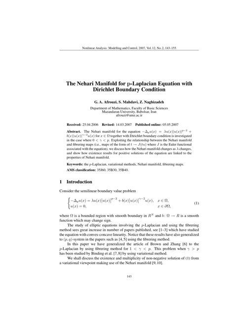Pdf The Nehari Manifold For P Laplacian Equation With Dirichlet