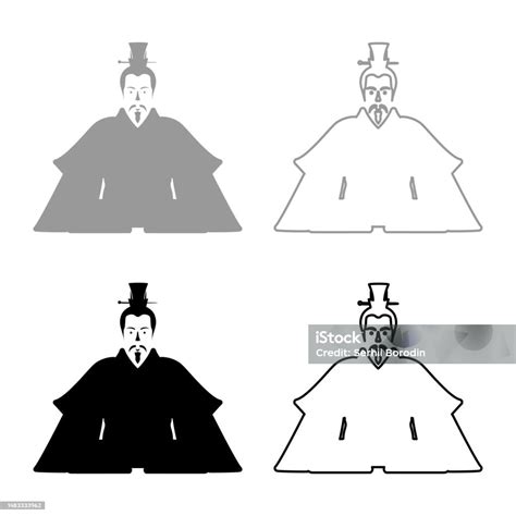 천황 일본 중국 실루엣 중국 귀족 일본 고대 캐릭터 아바타 제국 통치자 세트 아이콘 회색 검정 색상 벡터 일러스트레이션 이미지