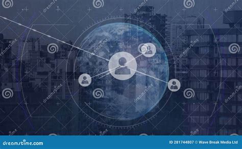 Animation Of Connected Icons Over Globe In Circle Against Modern City