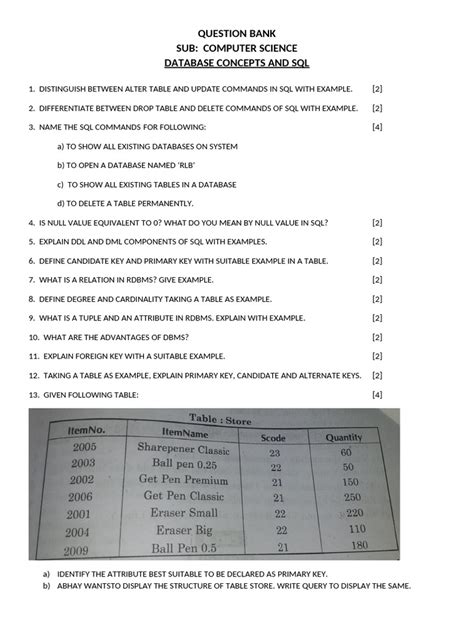 Ques Bank Database And Sql Sec 14 Indira Nagar Pdf Sql