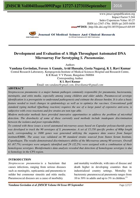 PDF Development And Evaluation Of A High Throughput Automated DNA Microarray For Serotyping S