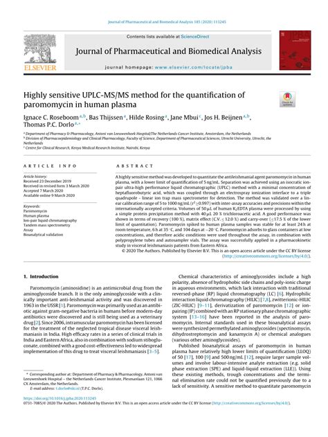 Pdf Highly Sensitive Uplc Msms Method For The Quantification Of Paromomycin In Human Plasma