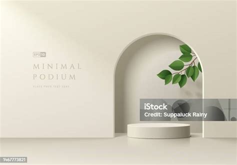 베이지색 크림색 3d 배경 현실적인 실린더 받침대 연단 아치 문 및 녹색 잎 럭셔리 최소 벽 장면 모형 제품 디스플레이 추상 기하학적 플랫폼 쇼케이스를 위한 둥근 무대