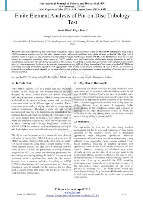 Pdf Finite Element Analysis Of Pin On Disc Tribology Test · Finite Element Analysis Of Pin On