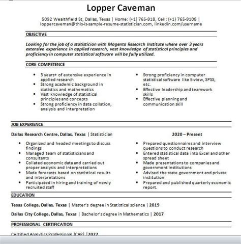 Free Statistician Resume Template Job Description And Resume Examples