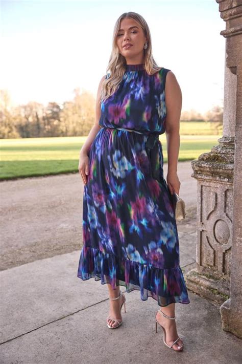 Yours London Plus Size Navy Blue Blurred Floral Print Maxi Dress