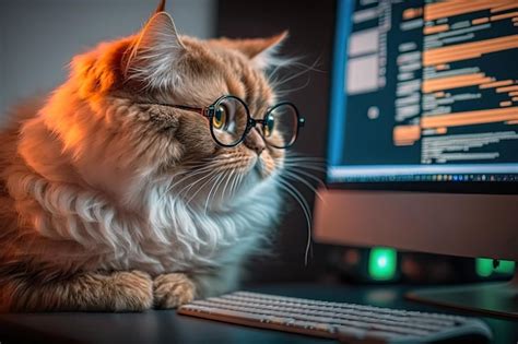 Premium Ai Image A Cat In Glasses Sits Next To The Monitor And Helps