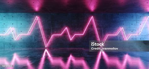 자주색 네온 레이저 빛나는 하트 심장 펄스의 다이어그램 곡선 라인 그런 지 블루 콘크리트 반사 층 지붕 Fi 현대 우아한 미래 배경 3d 렌더링 초현대적에 대한 스톡 사진