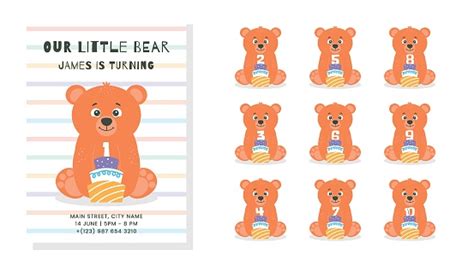 아이들을위한 인사말 및 초대장 생일 파티 귀여운 아기 곰과 케이크는 플랫 어린이 스타일에 숫자가 있습니다 벡터 일러스트 레이 션 카드 포스터 배너 디자인 0명에 대한 스톡
