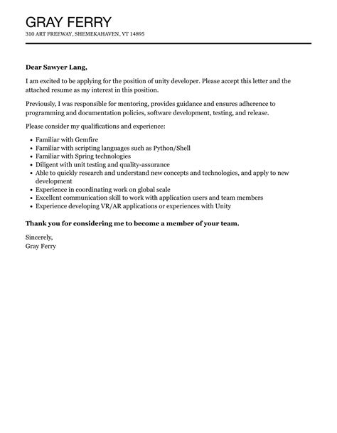 Unity Developer Cover Letter Velvet Jobs