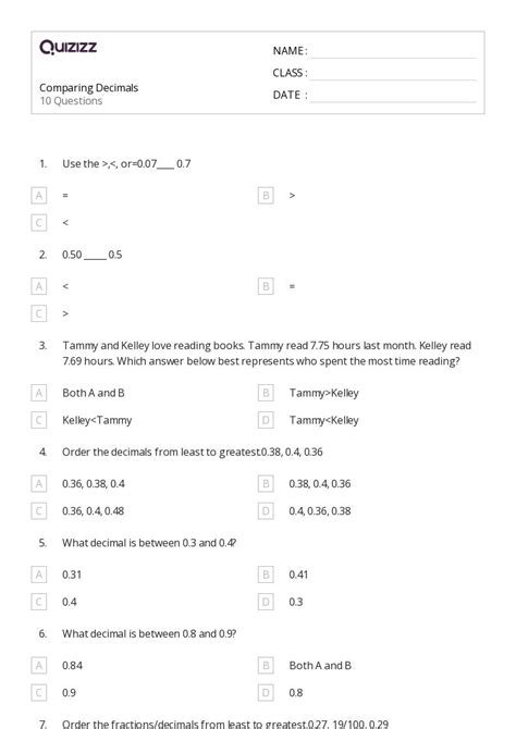 50 Comparing Decimals Worksheets On Quizizz Free And Printable