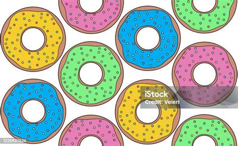 화려한 뿌리와 유약도 도넛 탑 뷰와 매끄러운 다채로운 윤곽 패턴 베이커리 달콤한 페이스트리 벡터 색상 윤곽선 텍스처 귀여운에 대한 스톡 벡터 아트 및 기타 이미지 Istock