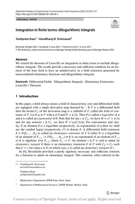Integration In Finite Terms Dilogarithmic Integrals Request Pdf