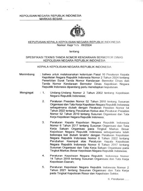 Kep Kapolri Nomor Kep 512 Iii 2024 Tentang Spesifikasi Teknis Tnkbd Polri Pdf