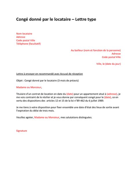 Congé donné par le locataire lettre type DOC PDF page 1 sur 1