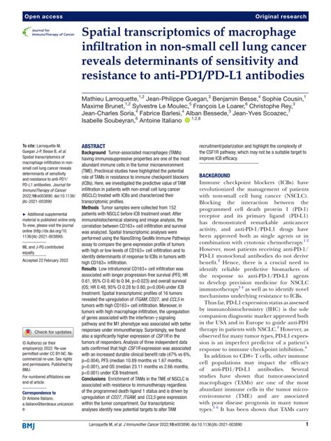 Pdf Spatial Transcriptomics Of Macrophage Infiltration In Non Small Cell Lung Cancer Reveals