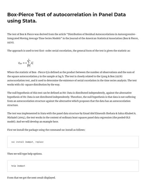 Box Pierce Test Of Autocorrelation In Panel Data Using Stata Pdf Autocorrelation Ordinary