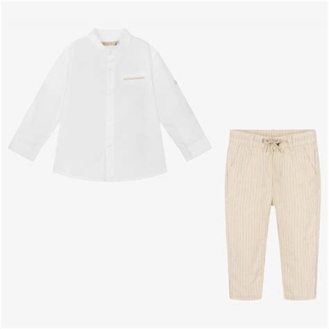 Mayoral طقم بنطلون أطفال ولادي قطن وكتان لون بيج وأبيض