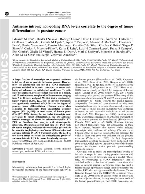Pdf Antisense Intronic Non Coding Rna Levels Correlate To The Degree