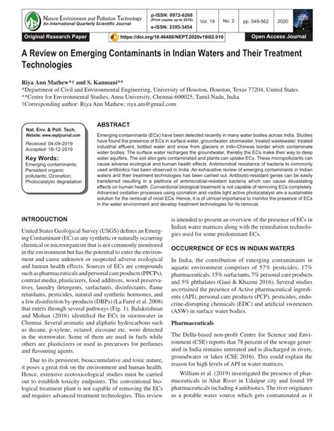 PDF A Review On Emerging Contaminants In Indian Waters And Their Treatment Technologies
