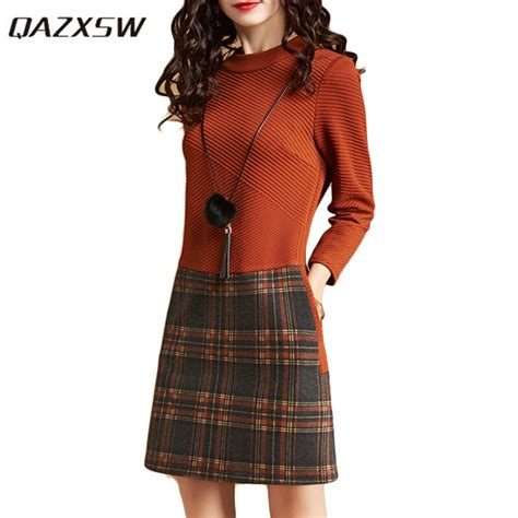 Qazxsw 2018 새로운 봄 니트 드레스 여성 하라주쿠 패치 워크 격자 무늬 드레스와 포켓 O 넥 캐주얼 렌더링 드레스