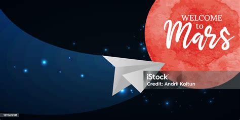 Red Planet Mars In Dark Space With Stars And Paper Plane Space