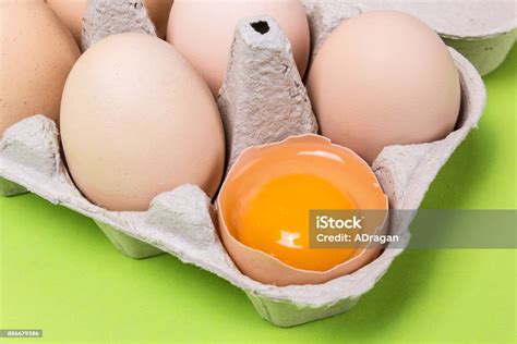 닭고기 달걀 녹색 배경에 골 판지 상자입니다 1 개의 계란은 부서진 다 가금류에 대한 스톡 사진 및 기타 이미지 가금류