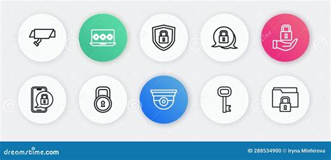 Set Line Security Camera Lock Mobile With Closed Padlock Old Key Shield Security Folder And